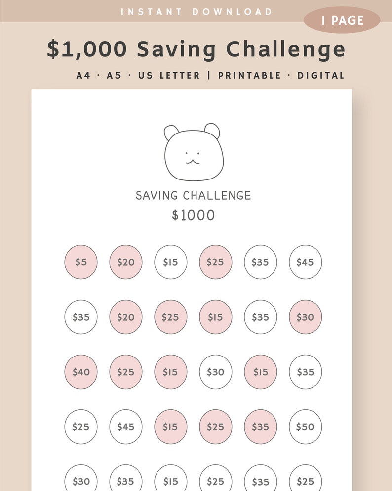 1000 Savings Challenge Printable, Savings Goal, Money Savings Challenge ...