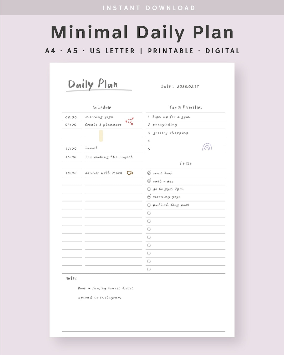 Minimalist Daily Planner Printable, Undated Daily Planner Inserts ...