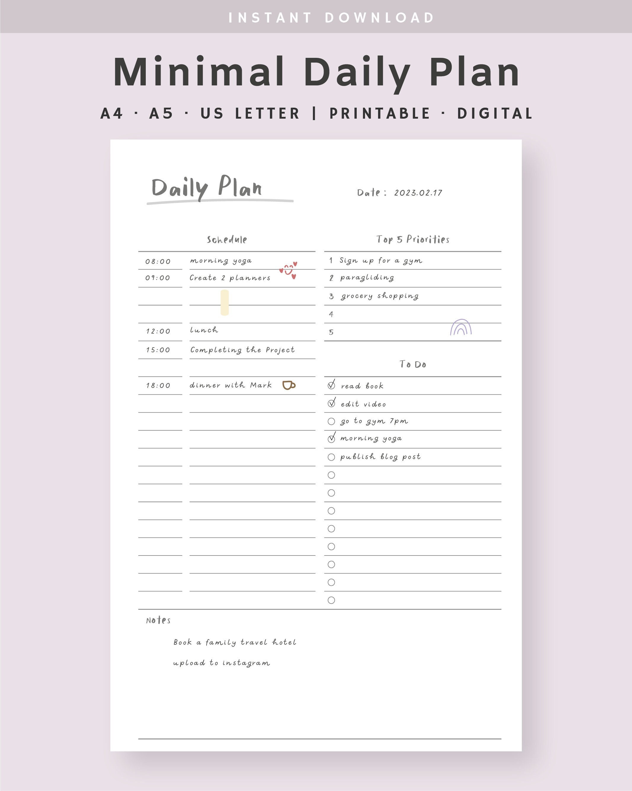 Minimalist Daily Planner Printable, Undated Daily Planner Inserts ...