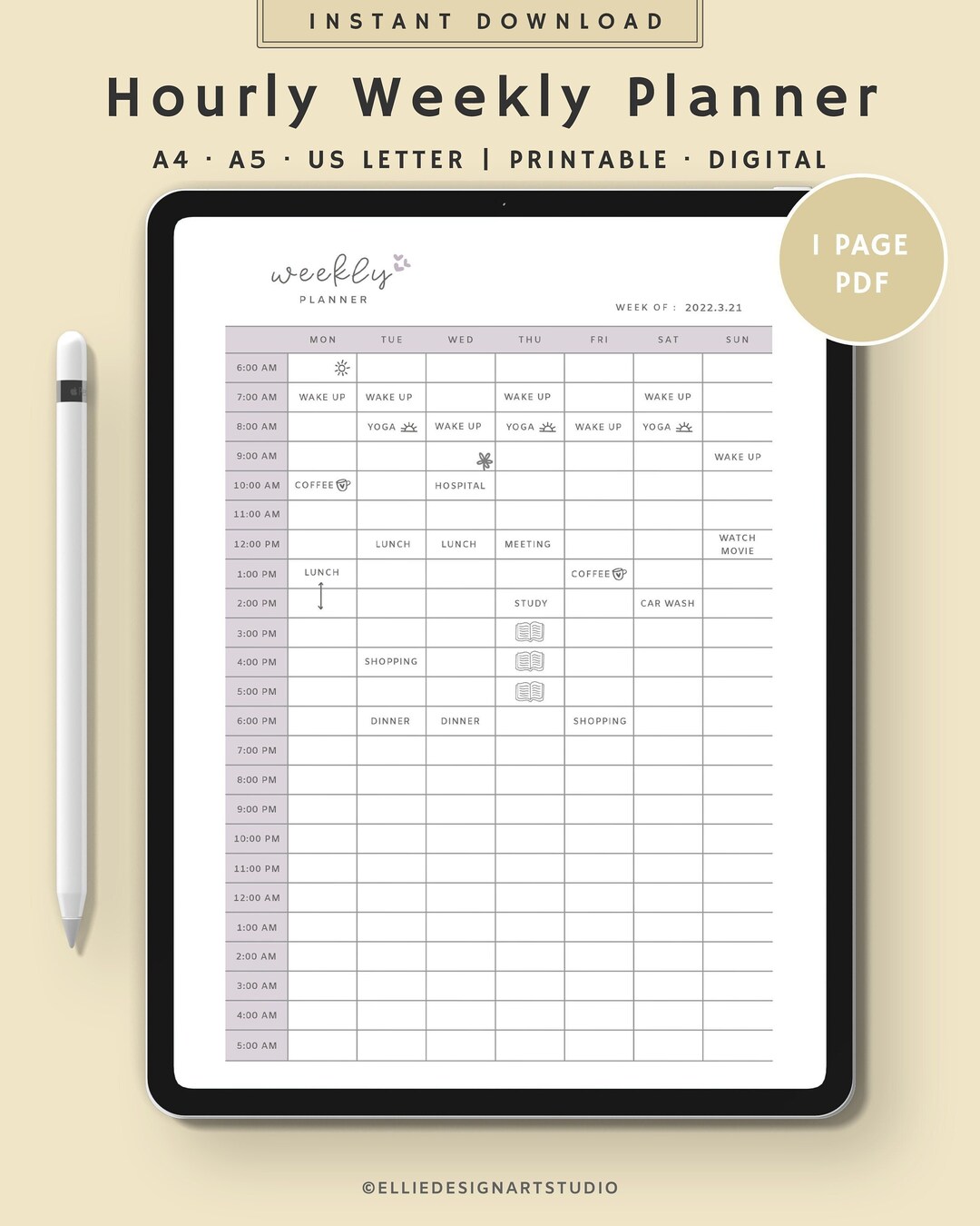Hourly Weekly Schedule Printable | Weekly to Do List | Weekly Digital ...