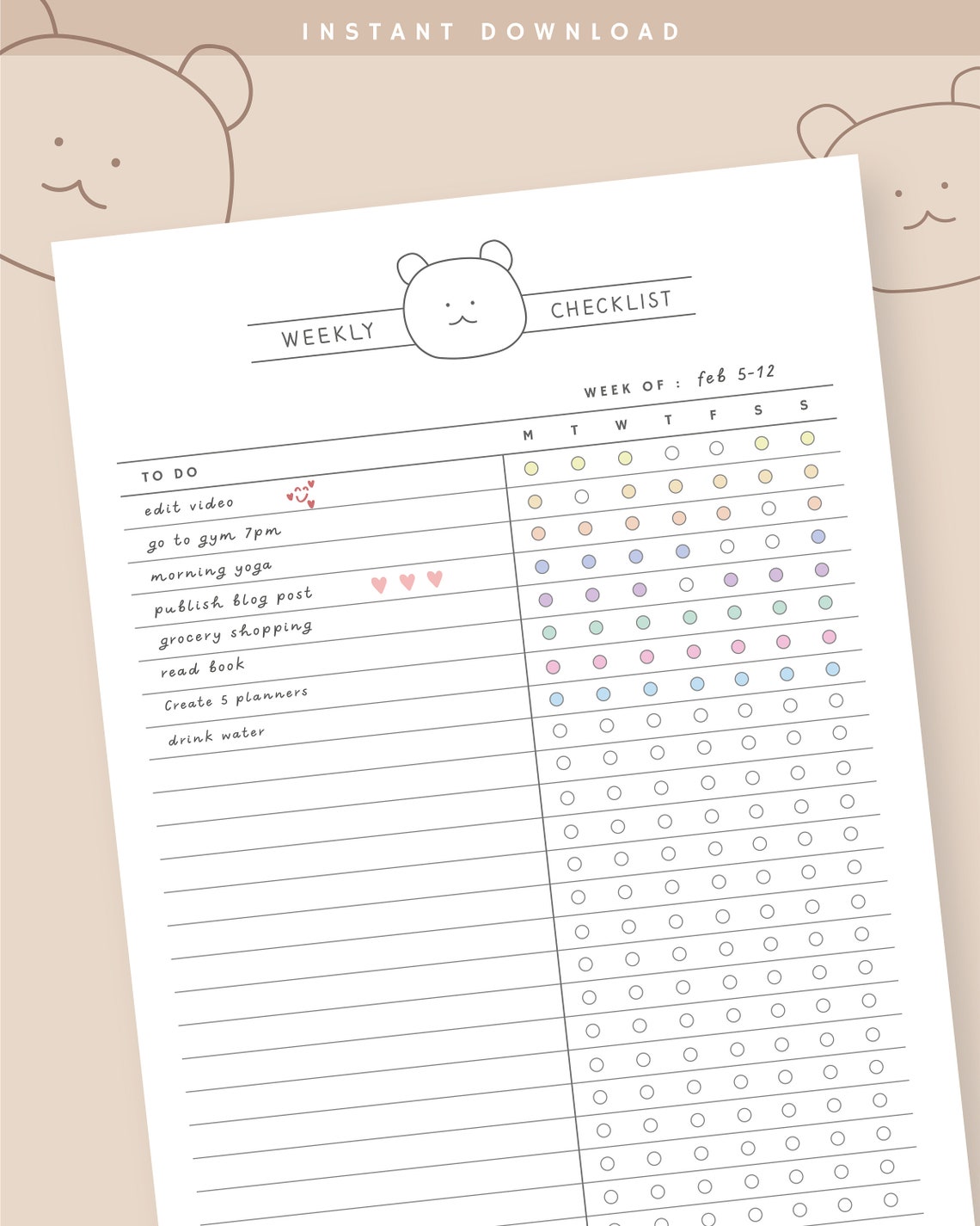 Weekly Checklist Printable, to Do List Template, Weekly Task Planner ...