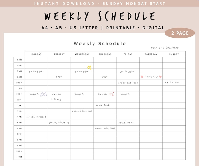 Weekly Schedule Printable, Week at a Glance, Weekly Planner, Hourly ...