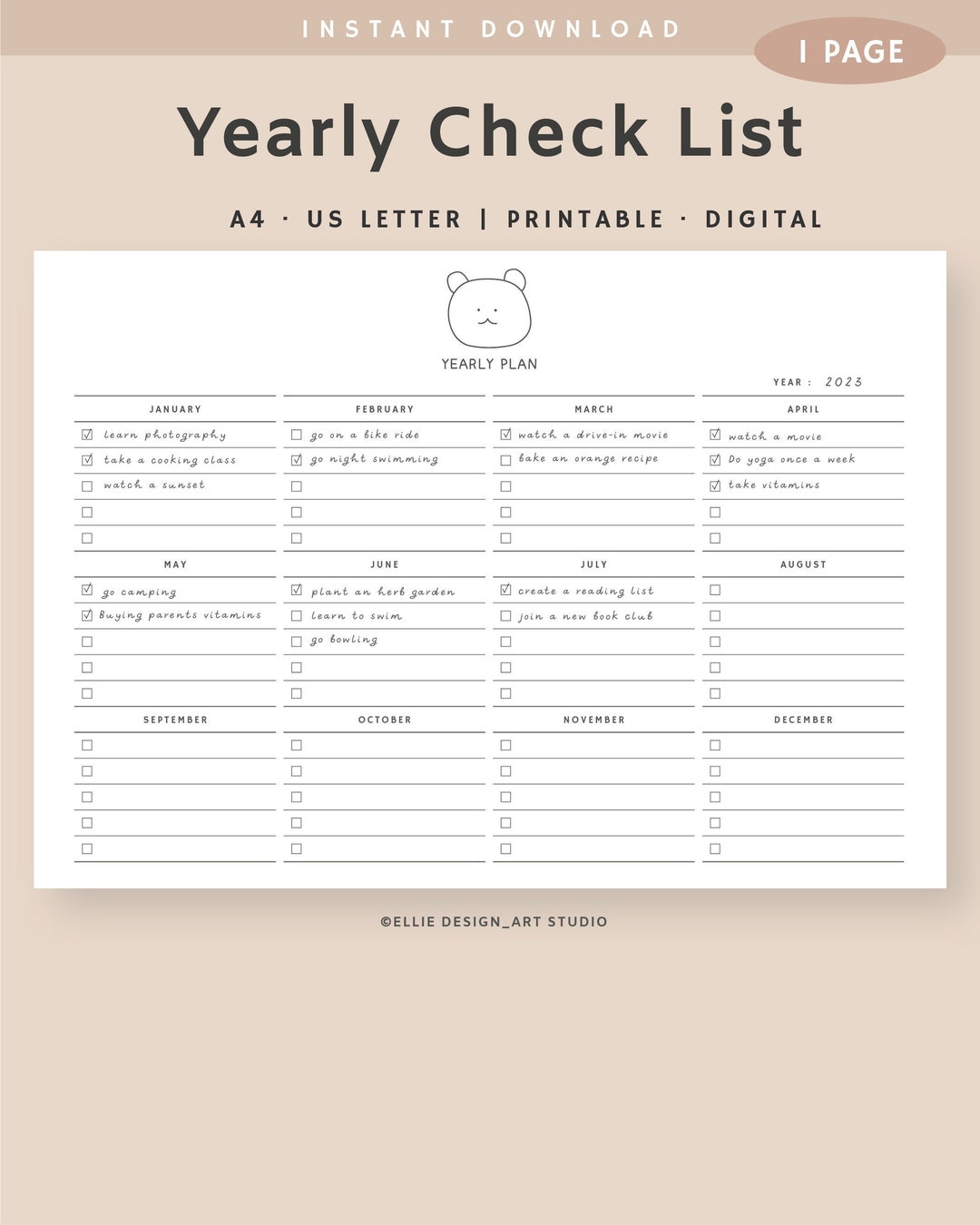 Yearly to Do List Printable Landscape, Yearly Tasks, Minimalist Yearly ...