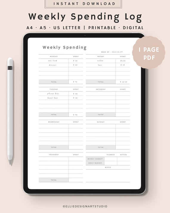 Editable Weekly Spending Log Weekly Spending Tracker - Etsy