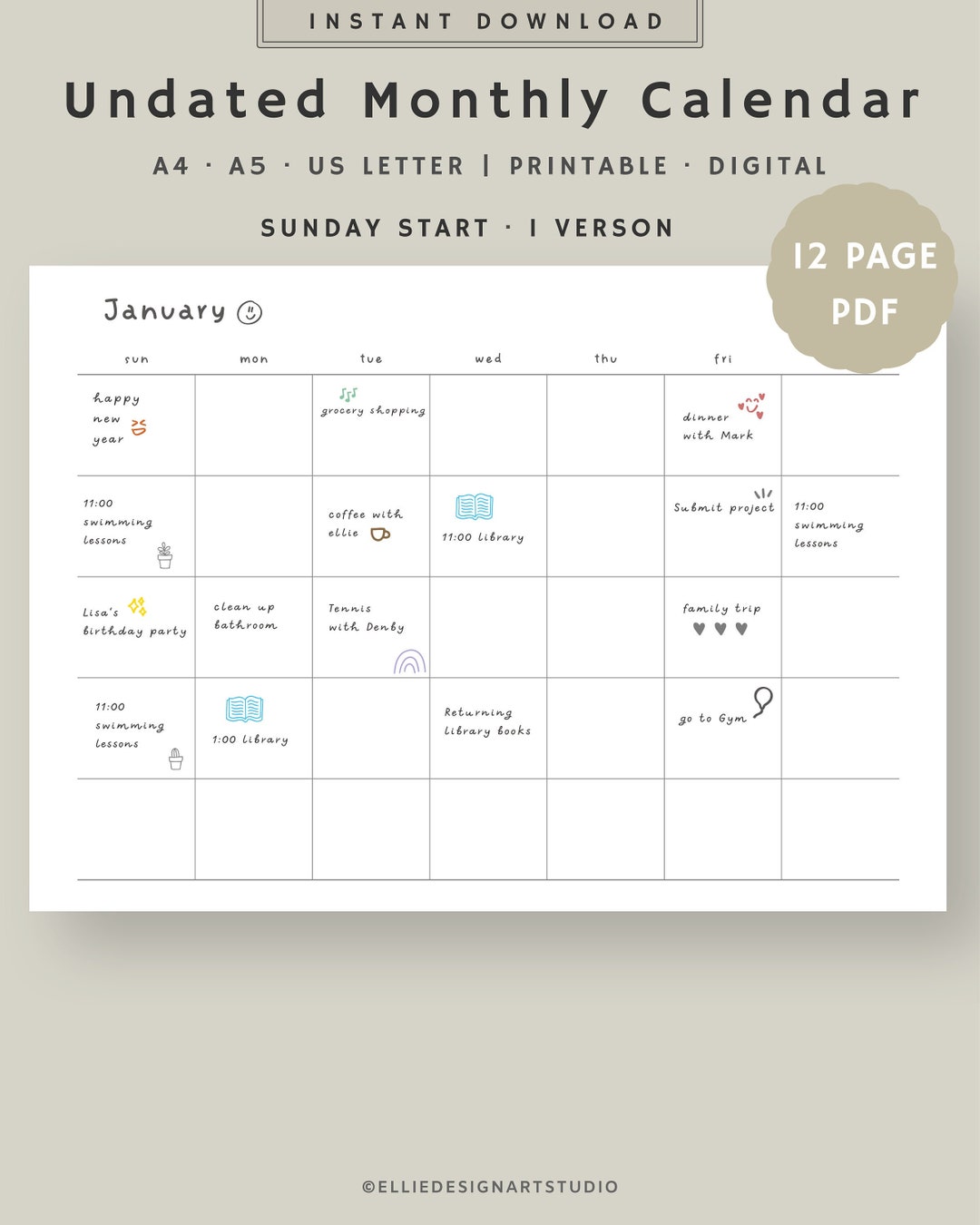 Undated Monthly Calendar Printable | Monthly Blank Calendar | Simple ...