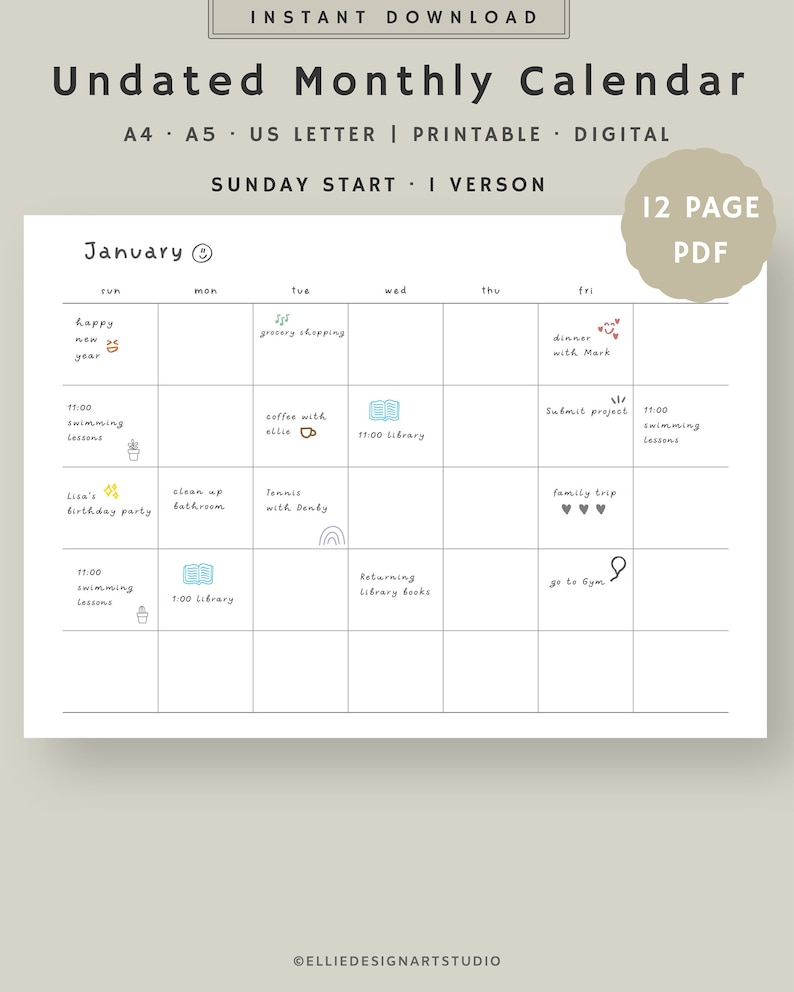Undated Monthly Calendar Printable | Monthly Blank Calendar | Simple ...