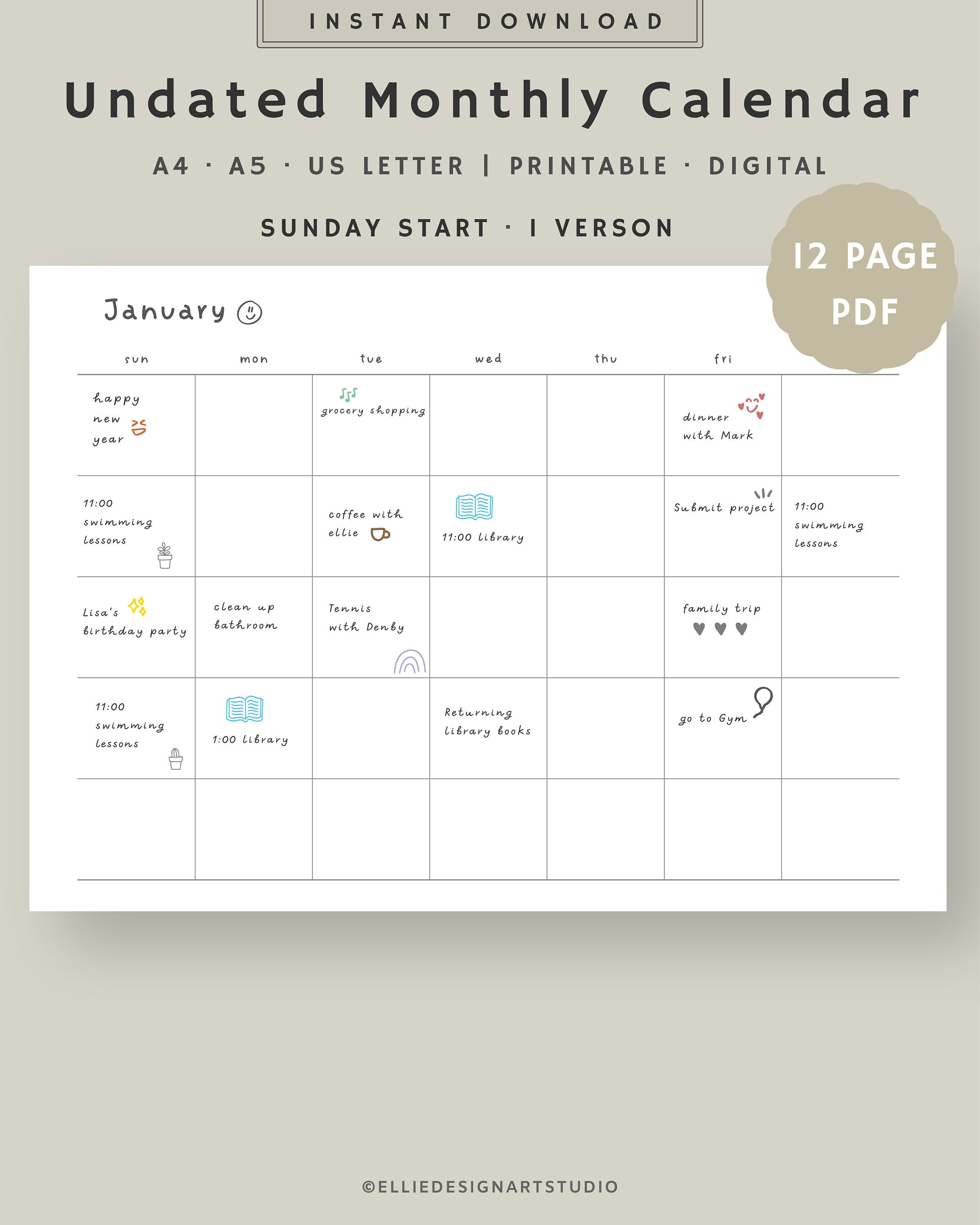 Undated Monthly Calendar Printable | Monthly Blank Calendar | Simple ...