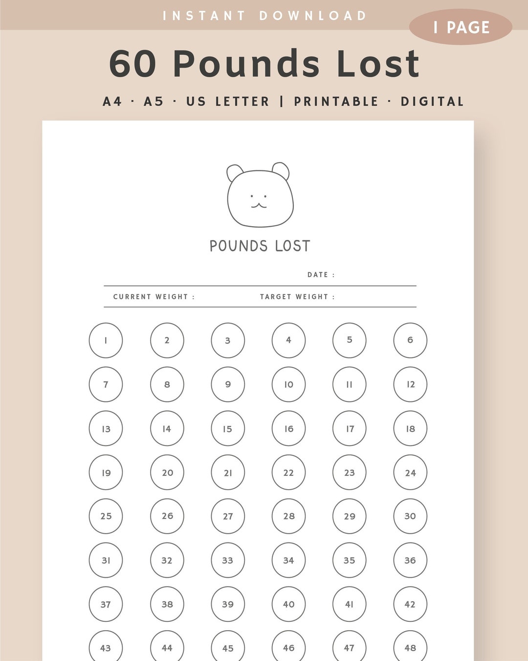 60 Pounds Lost Weight Tracker Printable, Weightloss Journal, Weightloss ...