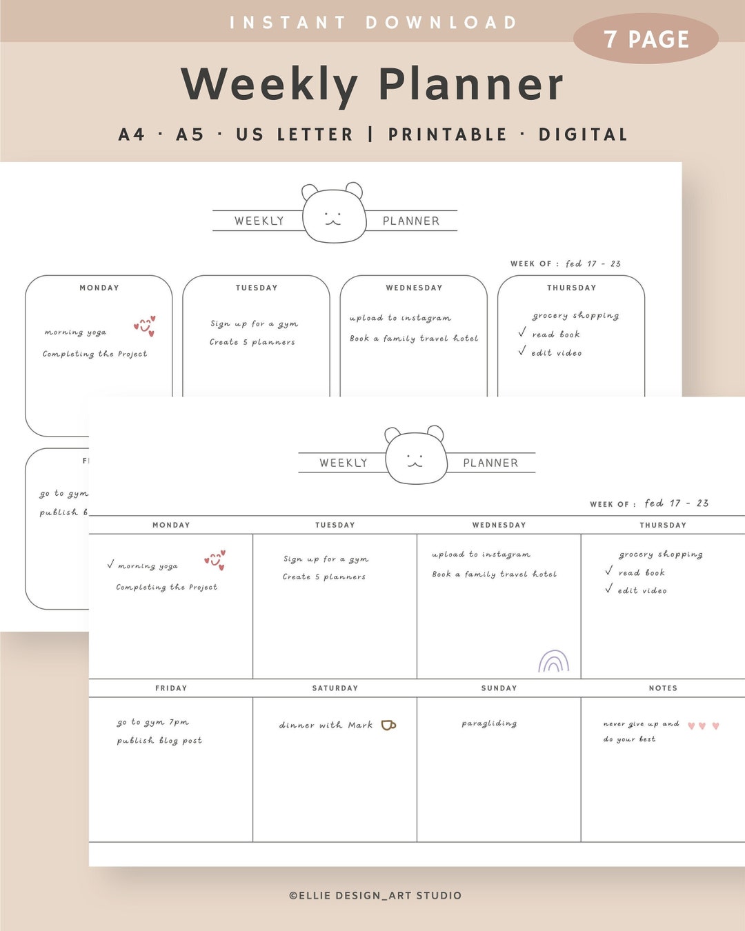 Weekly Planner Printable Landscape, Digital Weekly Planner, Week at a ...