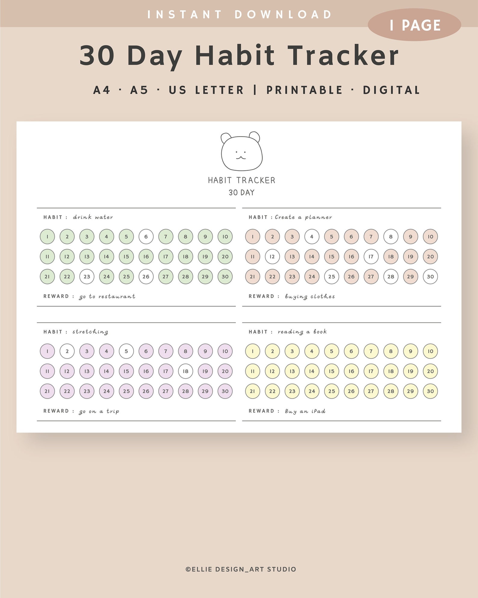30 Day Habit Tracker Printable, Habit Tracker Landscape, 30 Day Habit ...