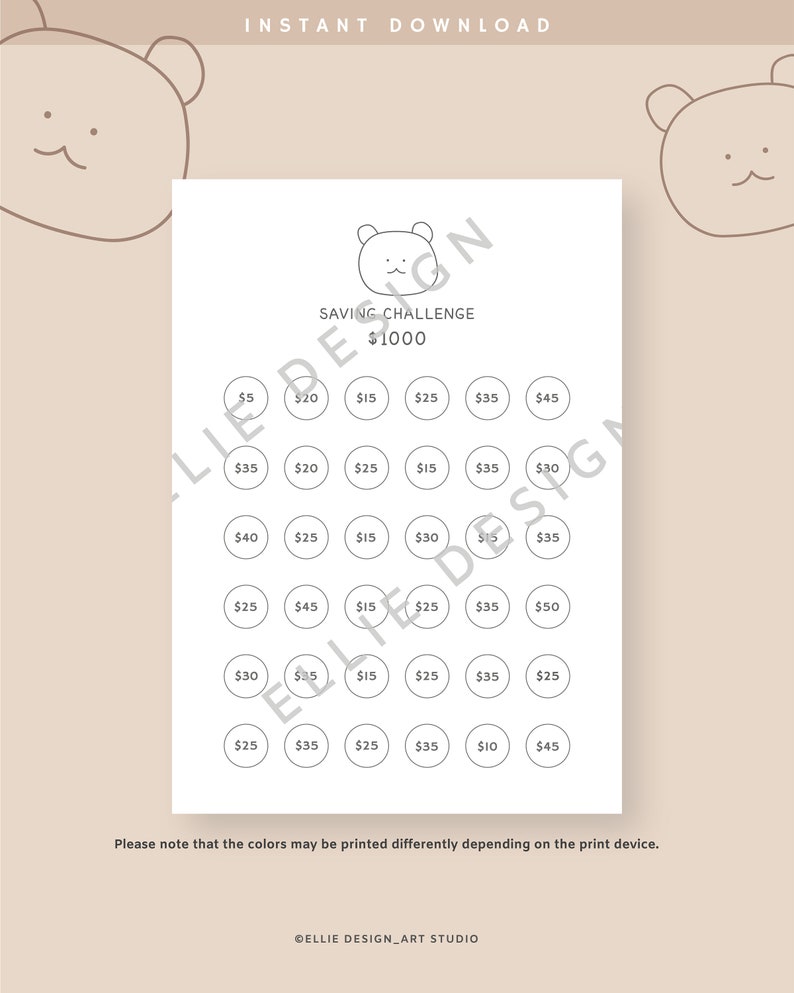 1000 Savings Challenge Printable, Savings Goal, Money Savings Challenge ...