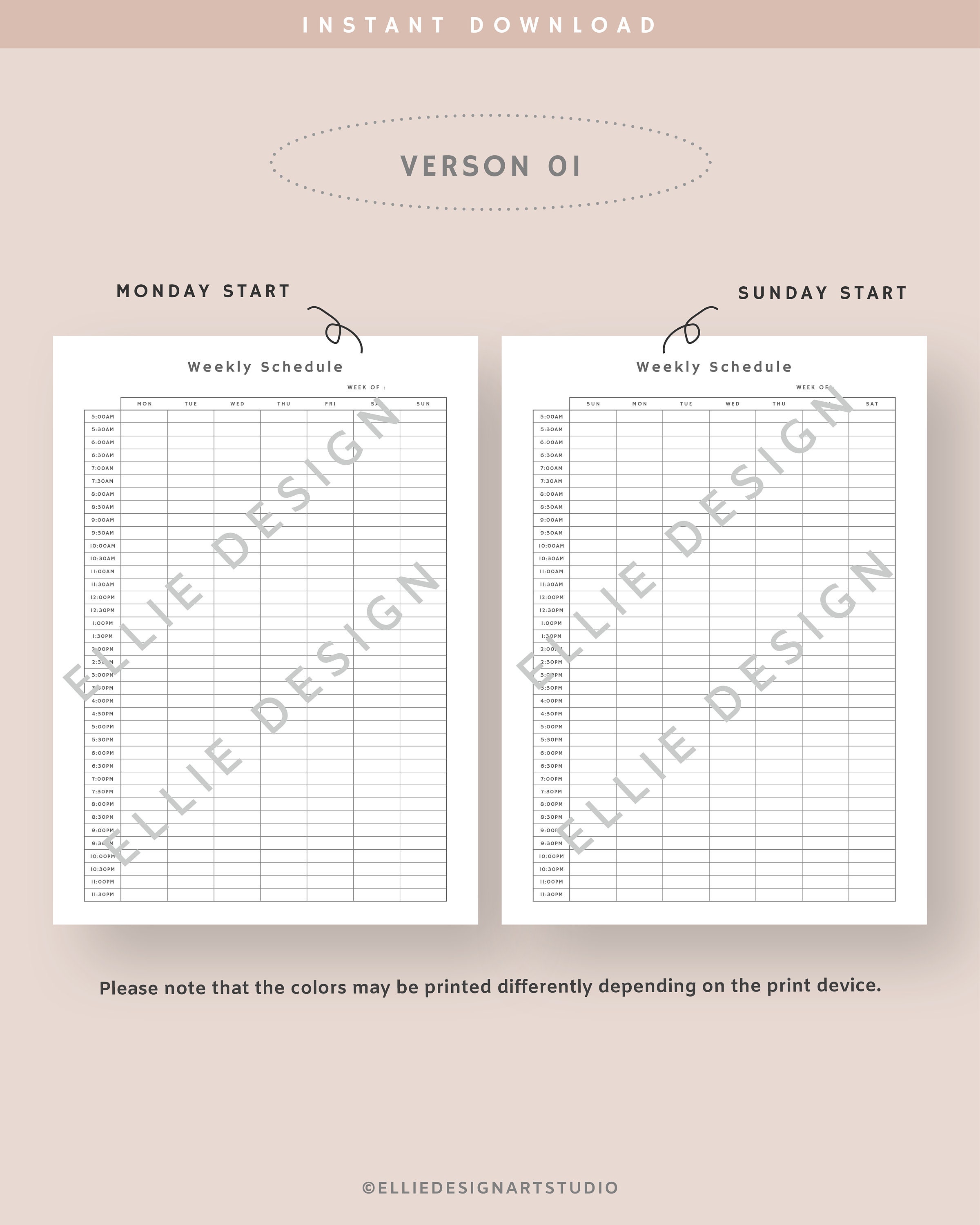 Half Hourly Weekly Schedule Printable, Weekly Organizer, Week at a ...