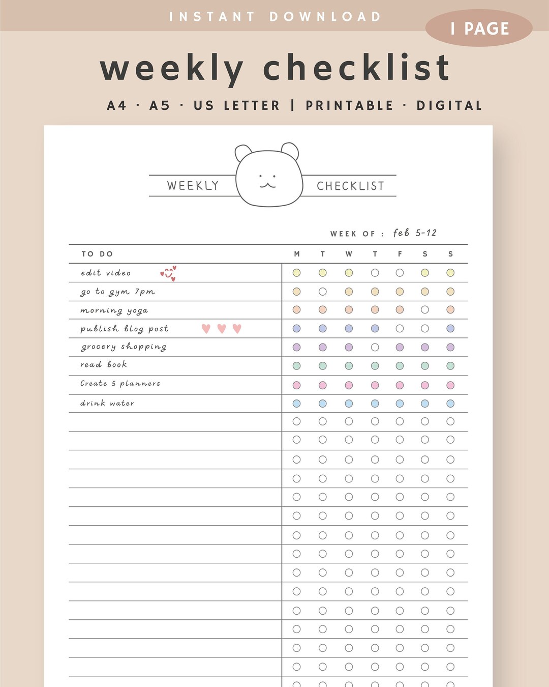 Weekly Checklist Printable, to Do List Template, Weekly Task Planner ...
