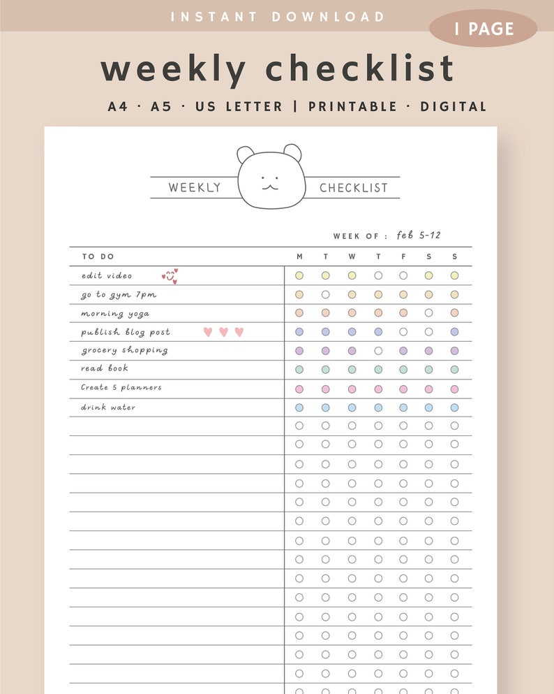 Weekly Checklist Printable, to Do List Template, Weekly Task Planner ...