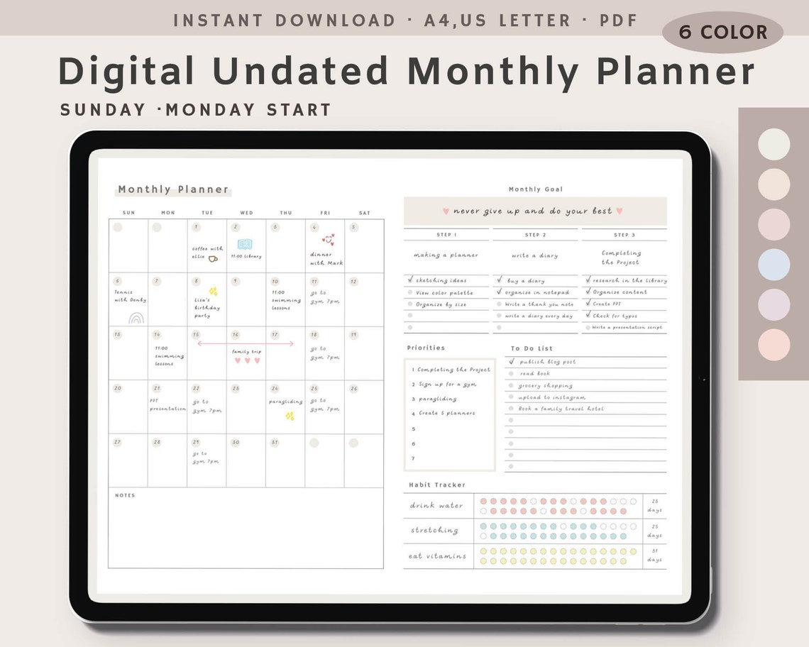 Digital Monthly Calendar, Undated Planner Template for Goodnotes Ipad ...