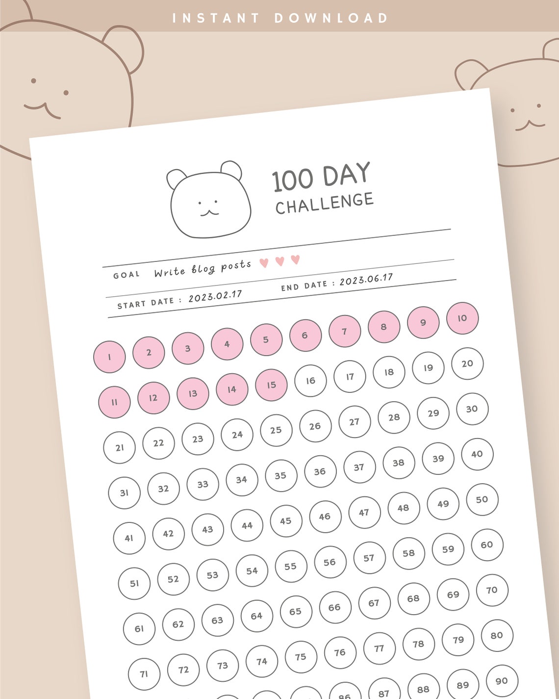 100 Day Challenge Tracker Printable, Goal Setting, Progress Tracker ...