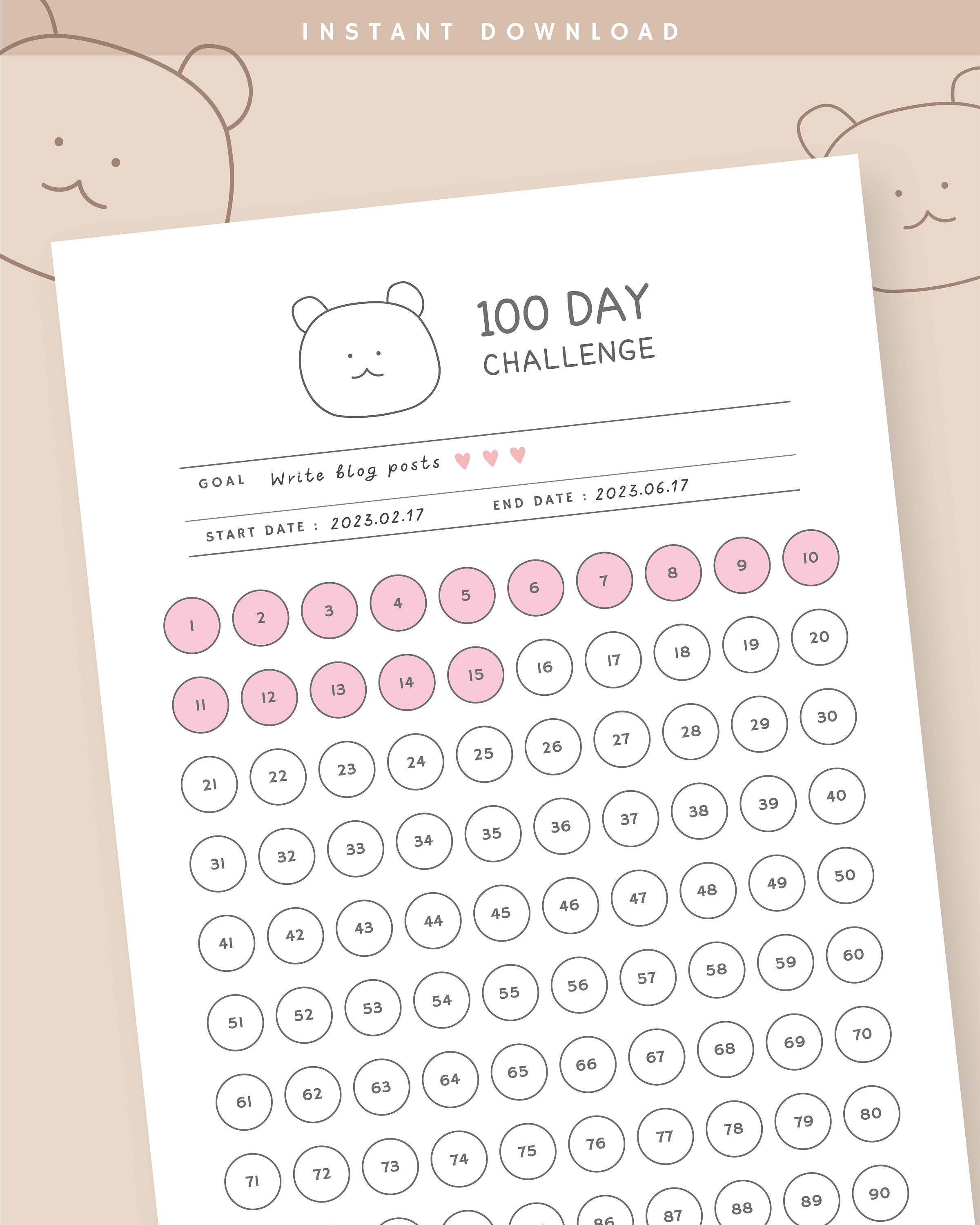 100 Day Challenge Tracker Printable, Goal Setting, Progress Tracker ...