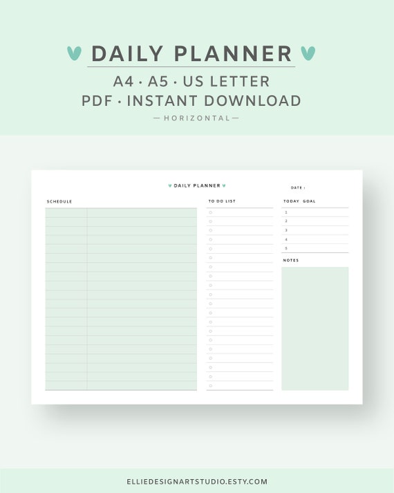 Daily Planner Printable with To Do List Undated Horizontal | Etsy