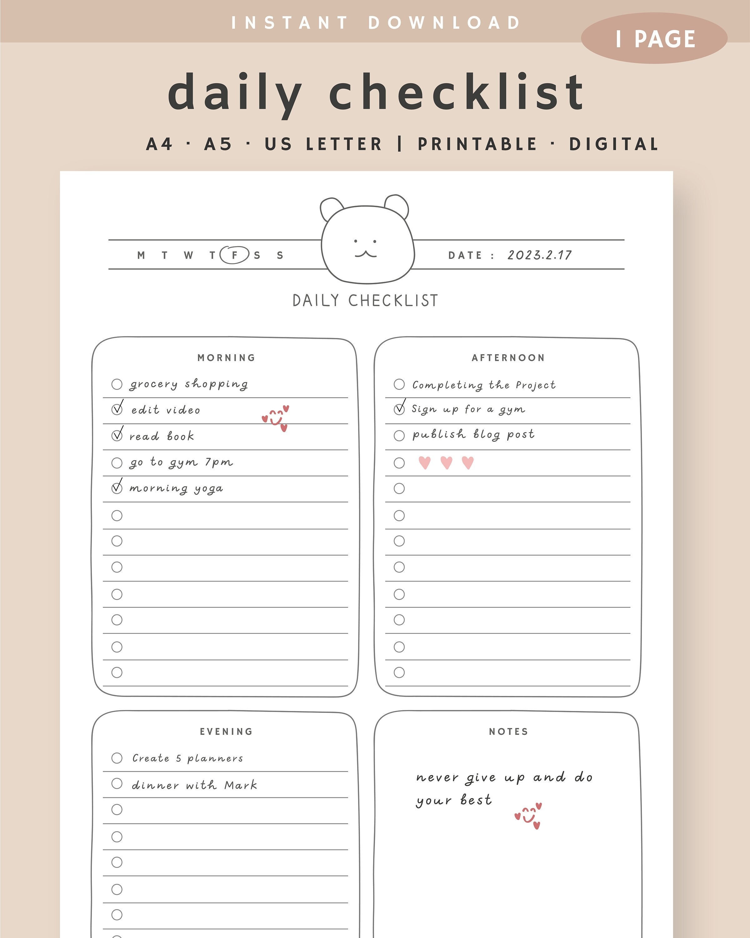 Daily Checklist Printable, Task Schedule, Daily to Do List Template ...