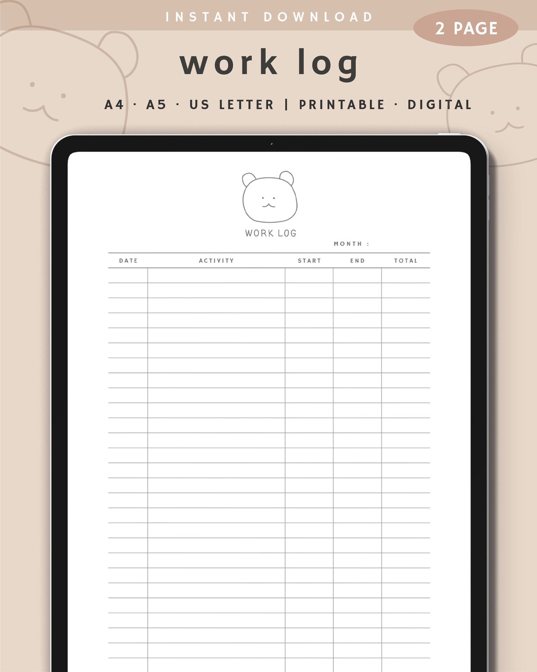 Work Log Printable, Time Spent Tracker, Digital Working Hours Log, Time ...