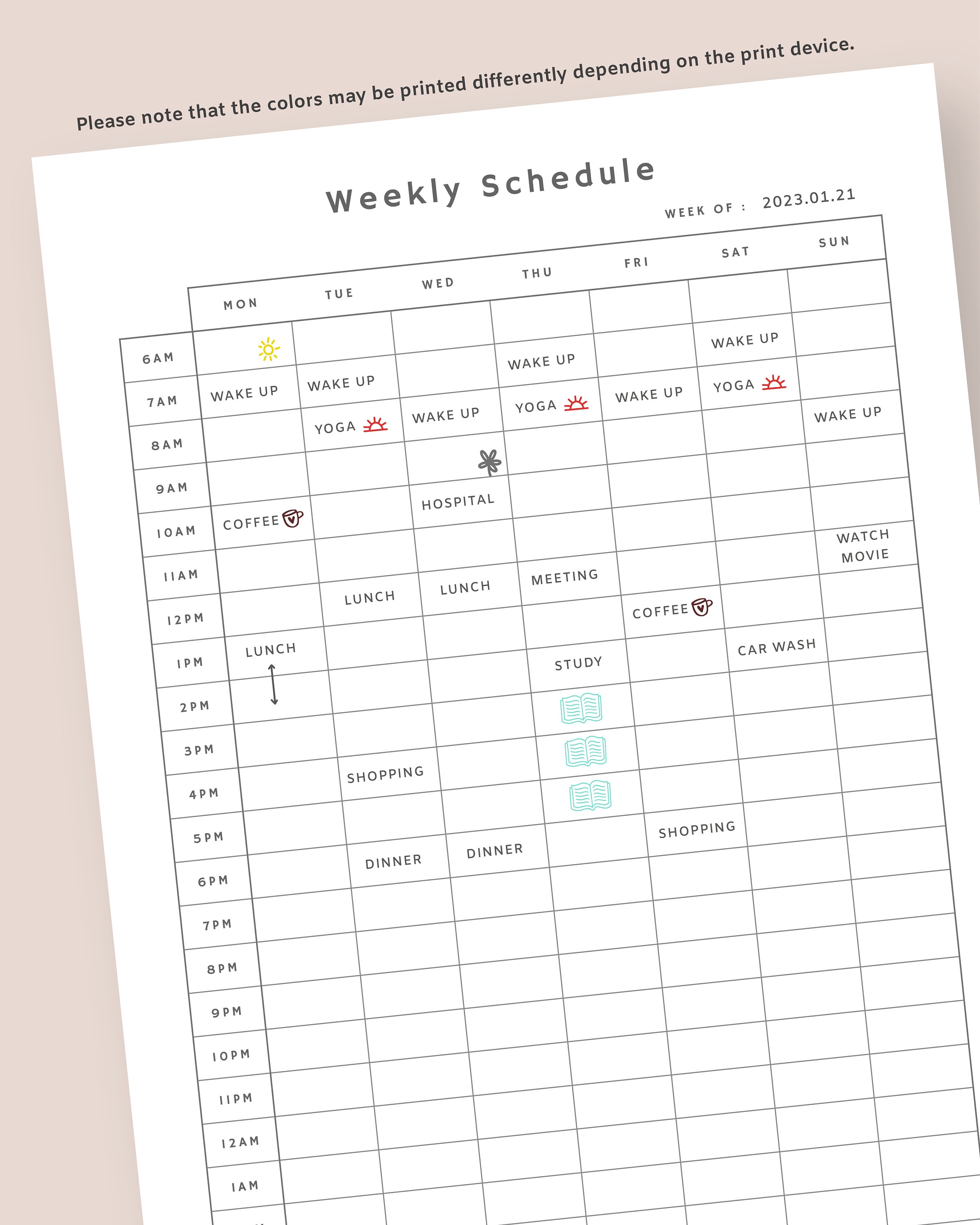 Hourly Weekly Schedule Printable, Week at a Glance, Minimalist Weekly ...