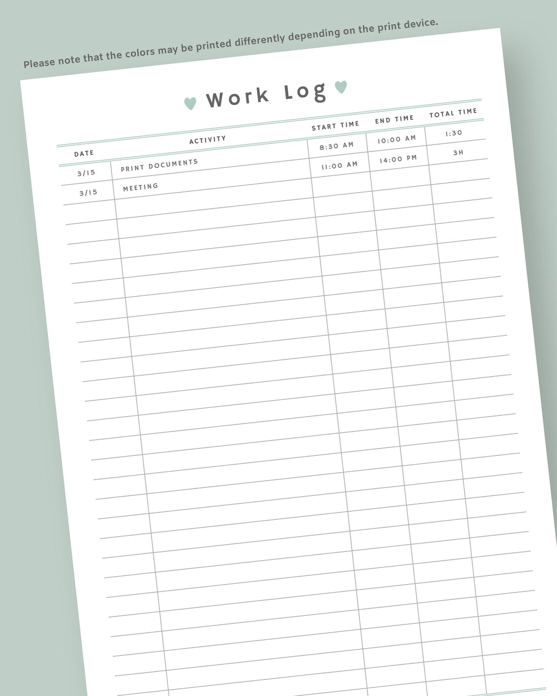 Digital Work Log | Work Log Printable | Time Spent Tracker | Working ...