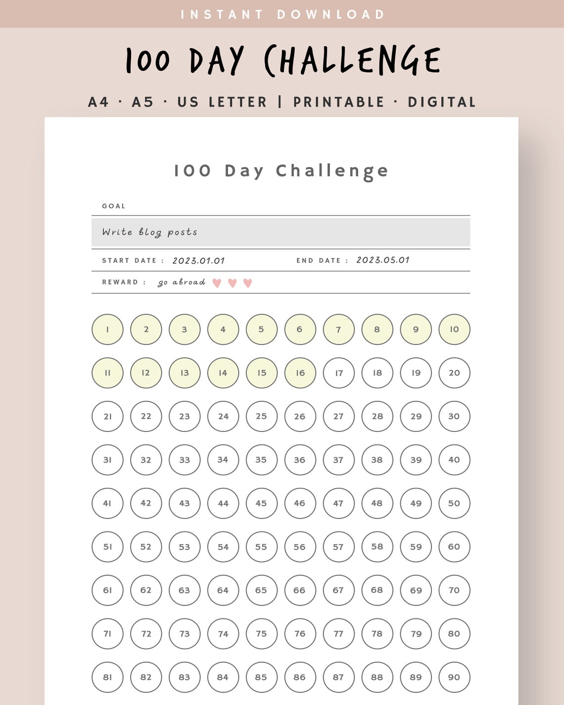 100 Day Challenge, Goal Progress Tracker, Goal Setting, Routine Tracker ...