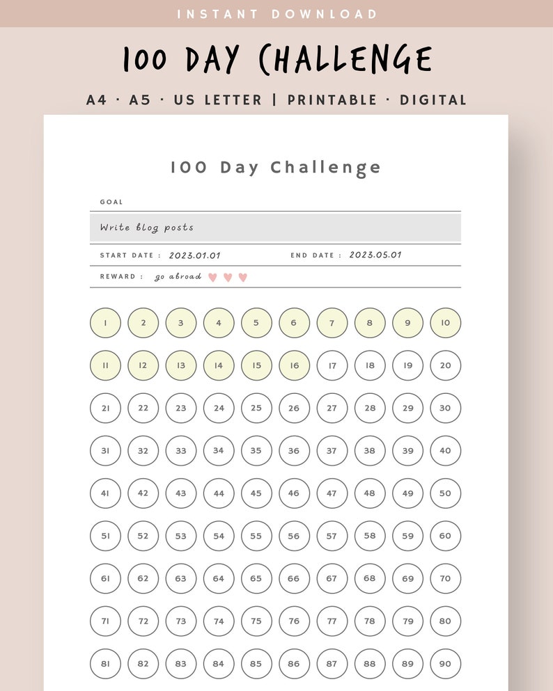 100 Day Challenge, Goal Progress Tracker, Goal Setting, Routine Tracker ...