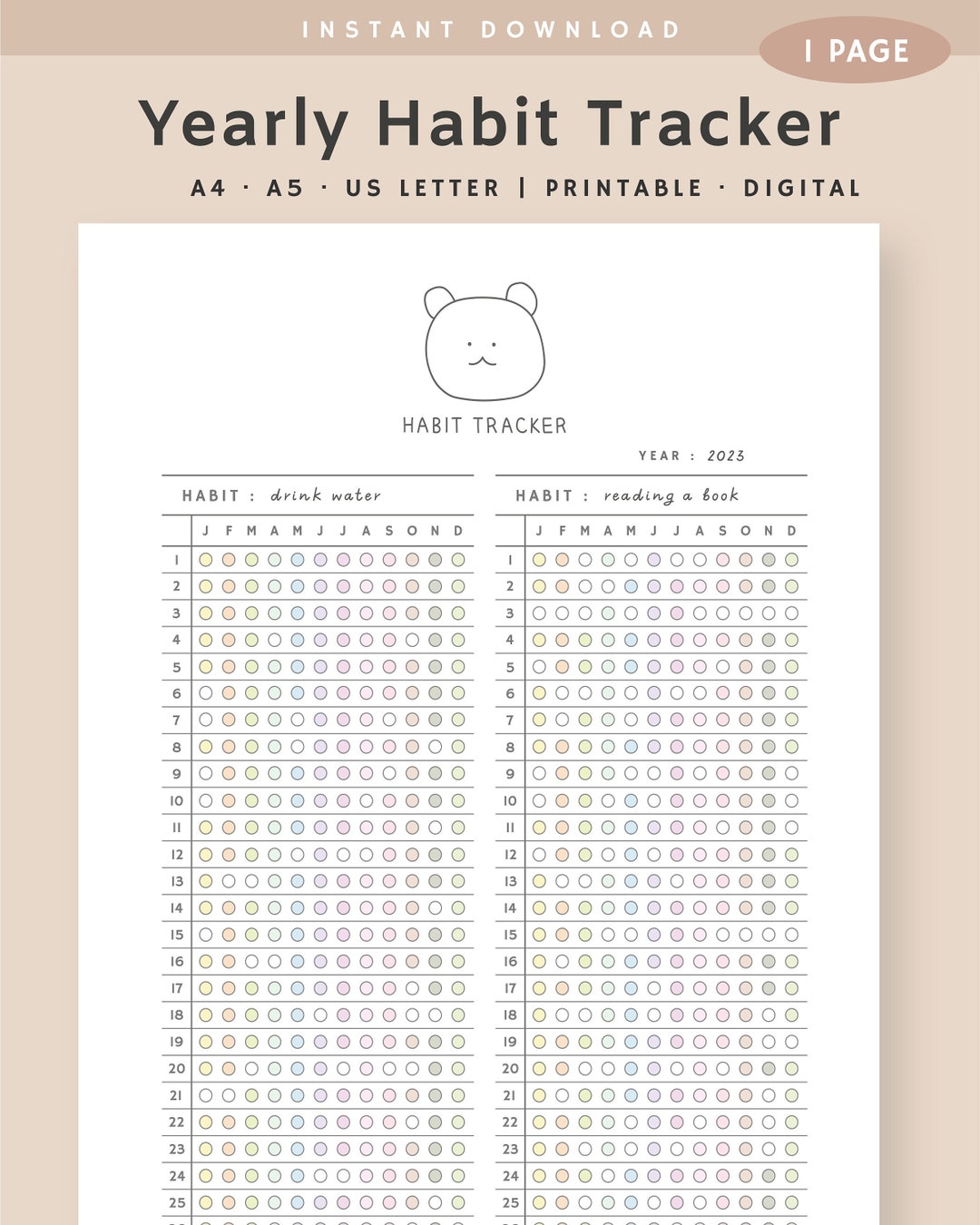 Yearly Habit Tracker on One Page Printable, Habit Tracker Template ...