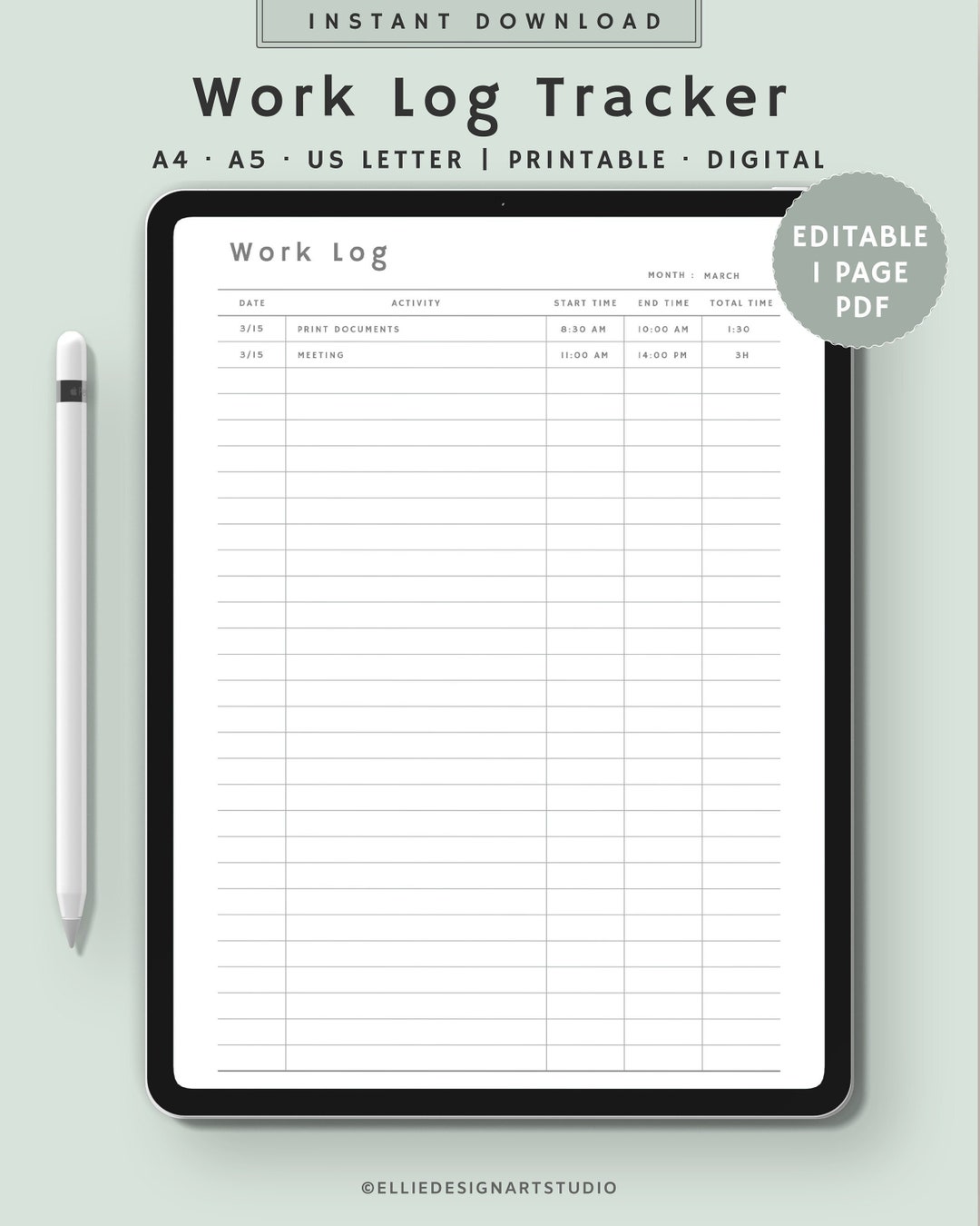 Editable Work Log | Work Log Printable | Time Spent Tracker | Working ...