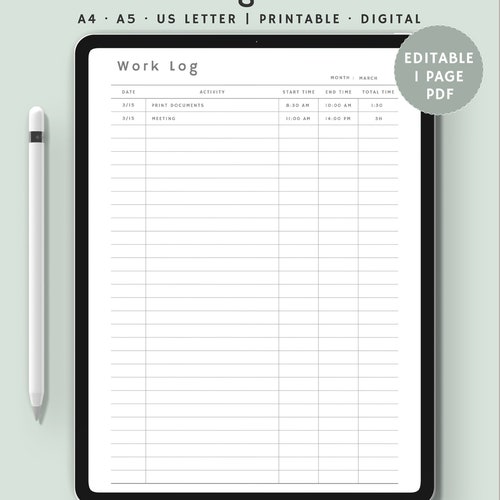 Editable Work Log Work Log Printable Time Spent Tracker - Etsy Canada