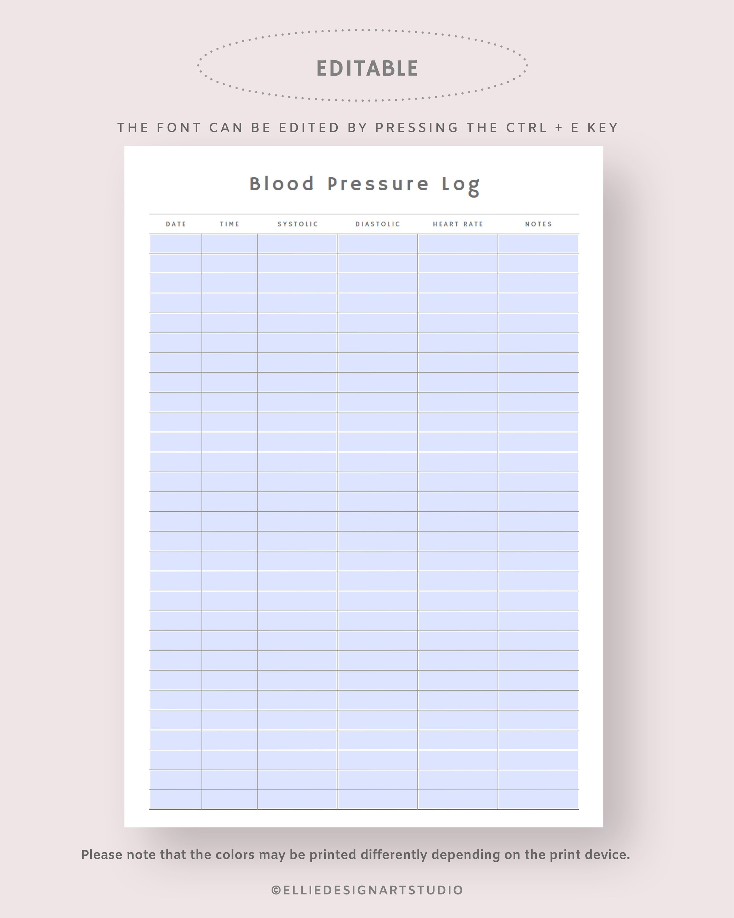 Blood Pressure Log Editable Printable | BP Tracker | Blood Pressure ...