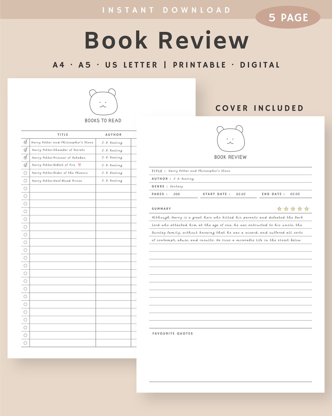 Book Review Page Printable, Books to Read Lis, Reading Tracker, Reading ...