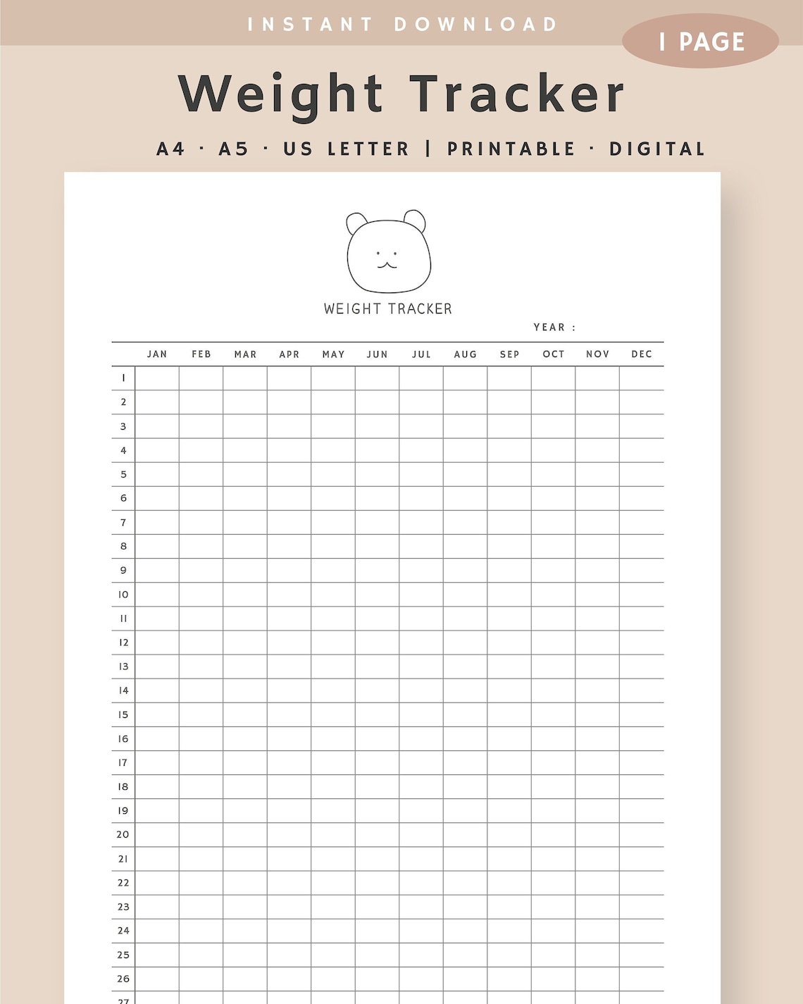 365 Day Weight Tracker Printable, Weight Loss Journal, Daily Weight ...