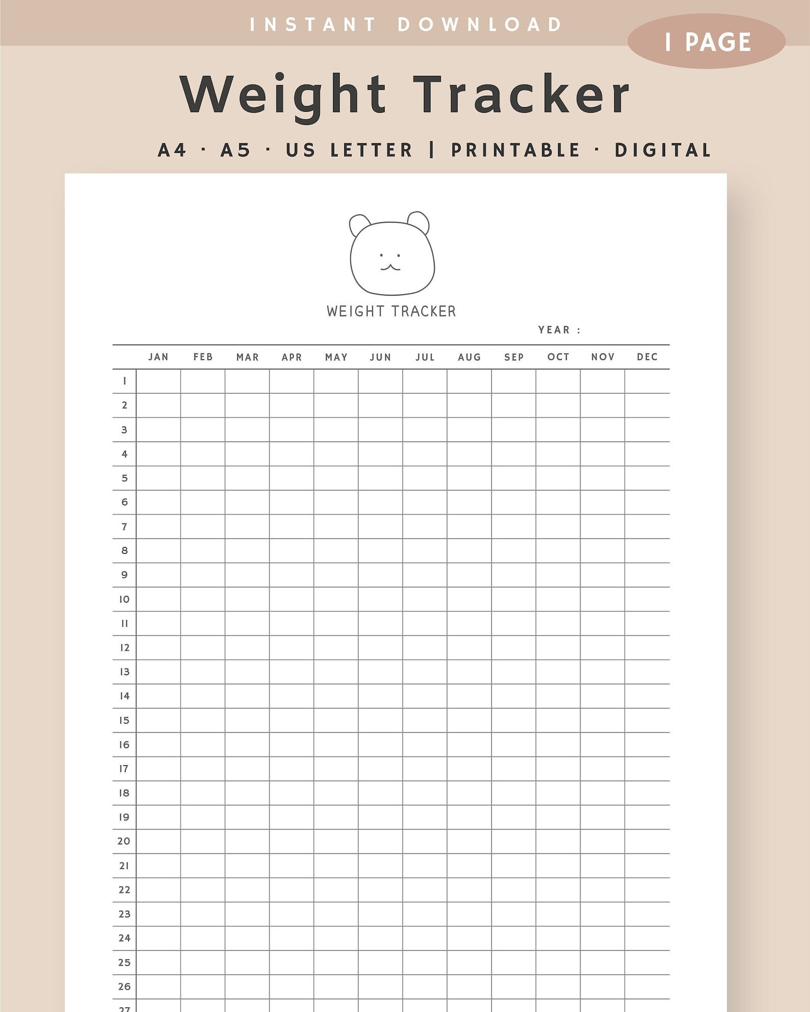 365 Day Weight Tracker Printable, Weight Loss Journal, Daily Weight ...
