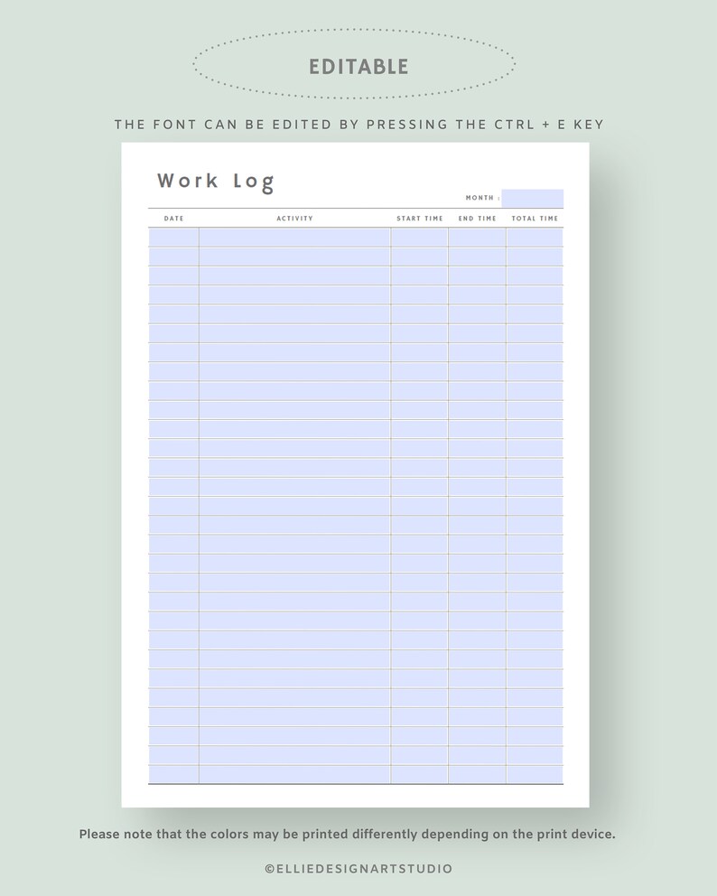 Editable Work Log | Work Log Printable | Time Spent Tracker | Working ...