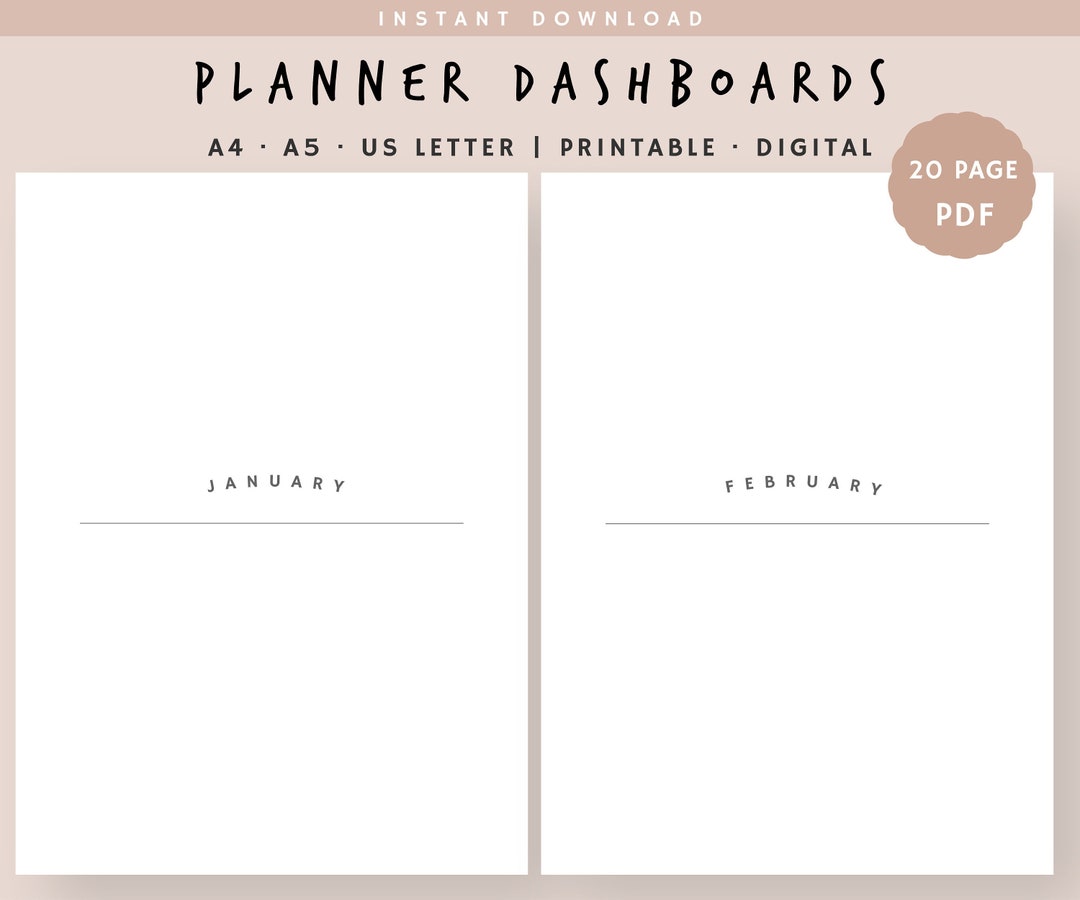 Monthly Dashboard, Minimalist Planner Dashboard Inserts, Monthly ...