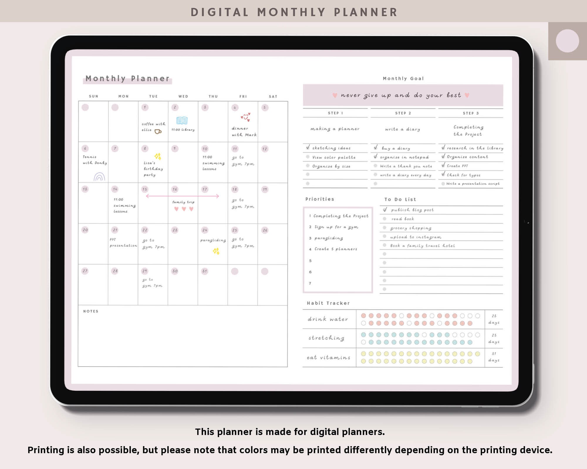 Digital Monthly Calendar, Undated Planner Template for Goodnotes Ipad ...