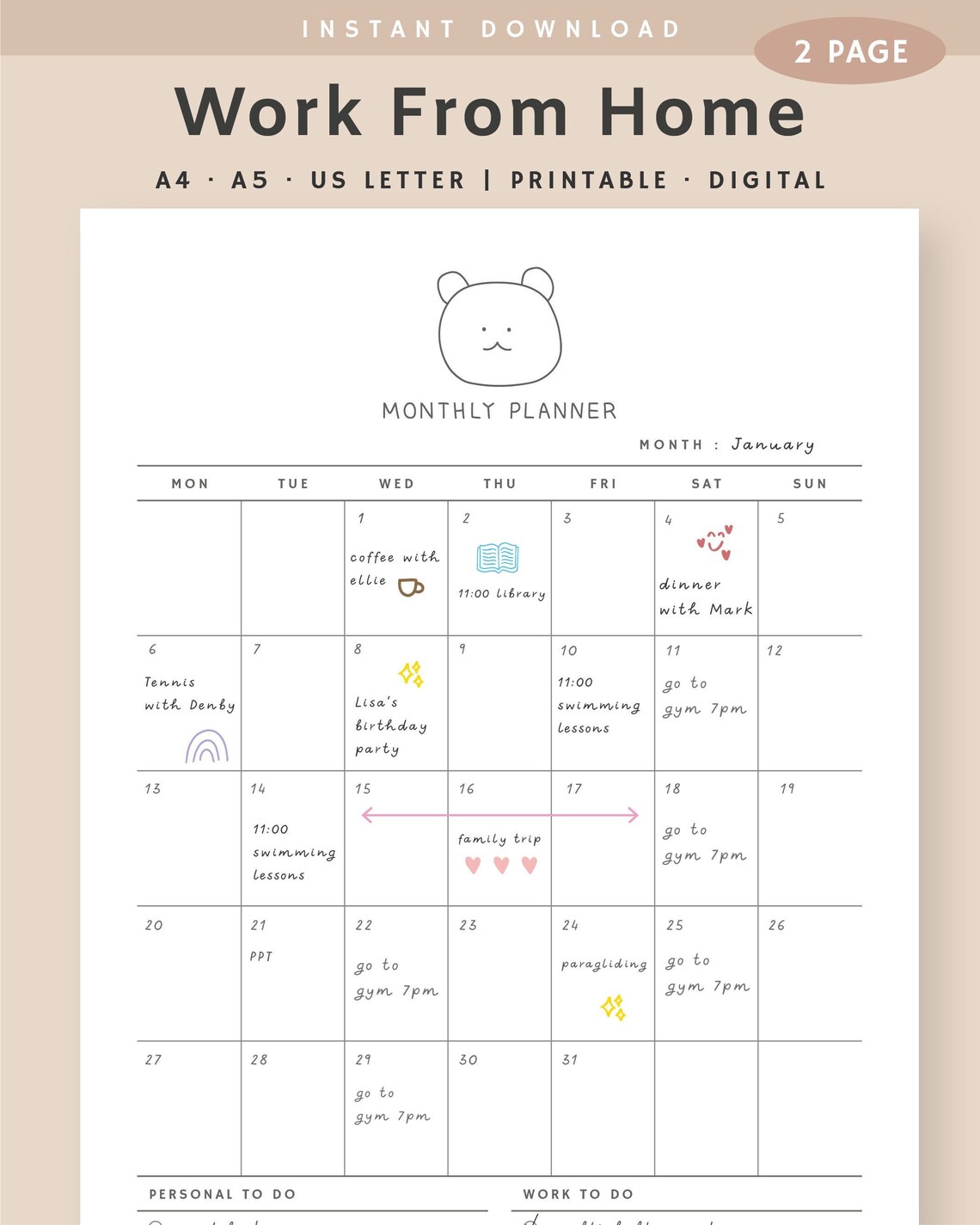 Work From Home Monthly Planner Printable, Monthly Agenda, Monthly to Do ...