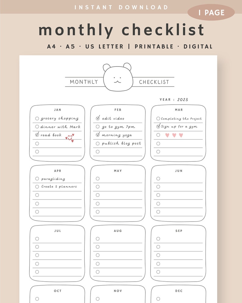 Printable Monthly Checklist, to Do List Template, Task Schedule, Goal ...