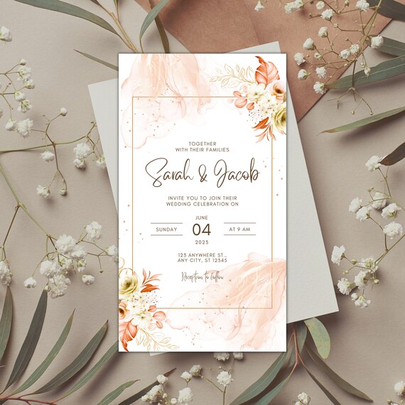 Digital Wedding Invitation White Peach Modern Invitation Wedding Invitation Template White Peach Evites Wedding Party Editable Template Etsy