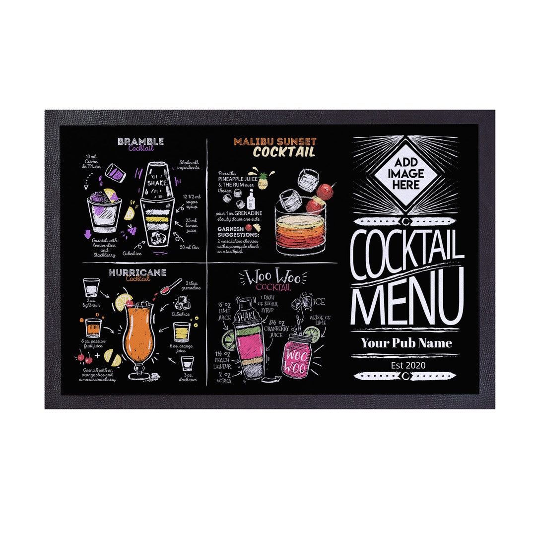 Cocktail Menu Chalk Board Design - Personalised Door Mat - 60cm X 40cm ...