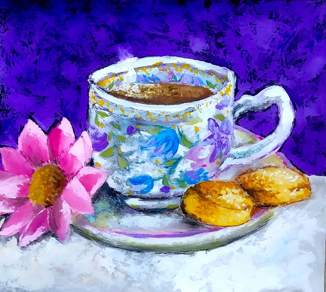 Tea Cup Preppy Painting Dessert Original Art Oil Palette Knife Kitchen ...