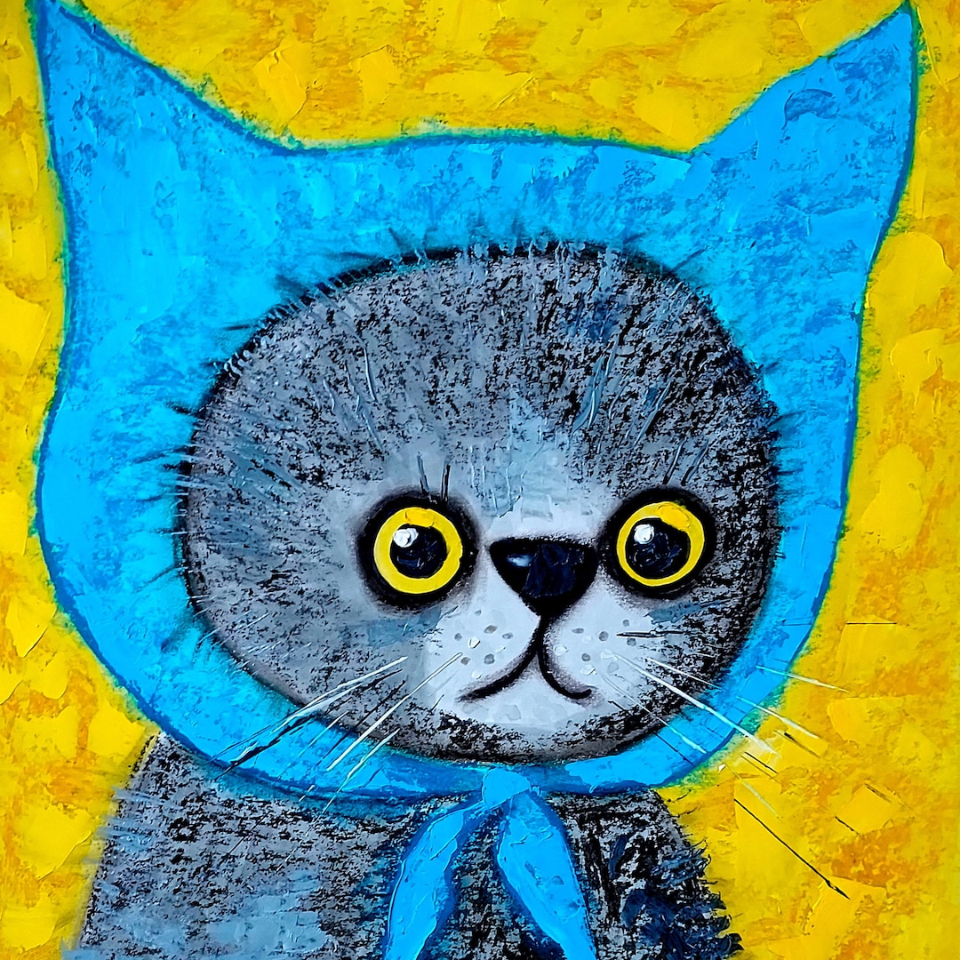 Kitty Preppy Painting Cat Original Art Oil Impasto Palette Knife Animal ...