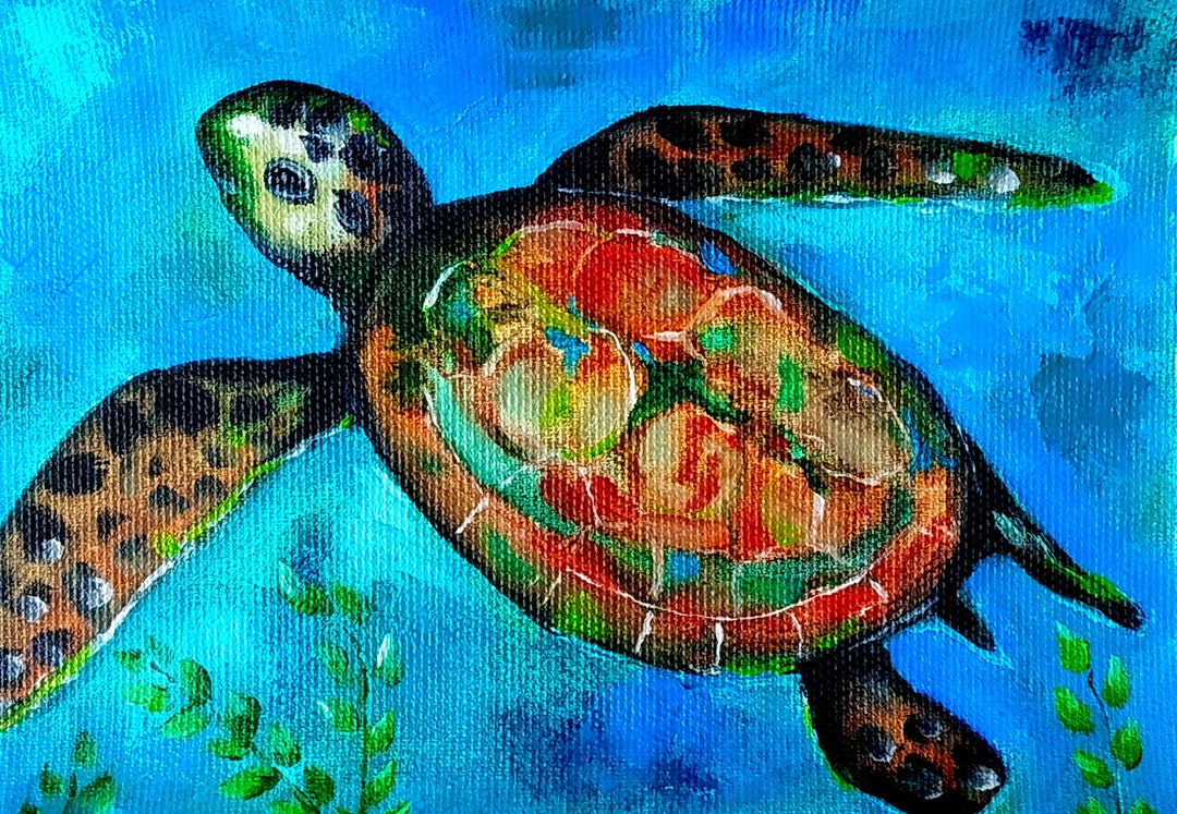 Turtle Painting Ocean Animal Original Art Canvas Impasto Palette Knife ...