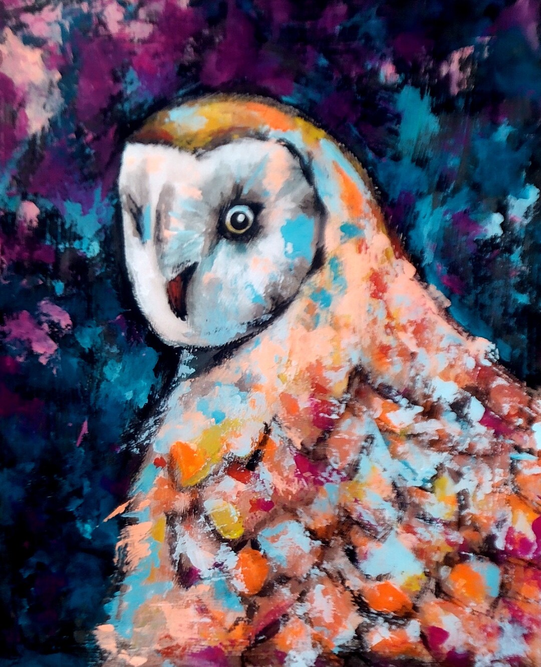 Owl Hand Painted Bird Portrait Original Art Oil Palette Knife Wildlife ...