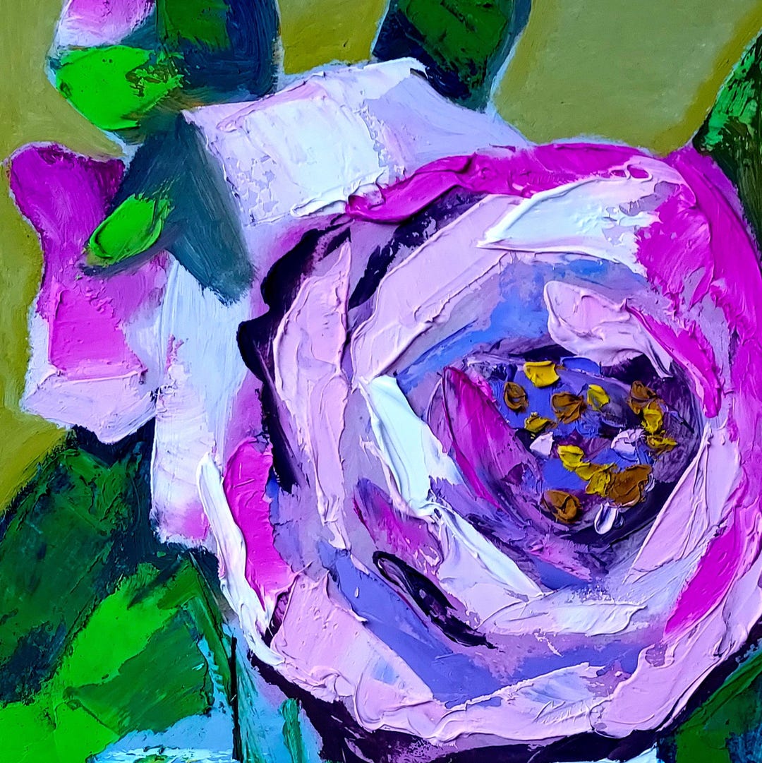 Light Pink Rose Painting Vase Original Art Impasto Knife Floral Flower ...