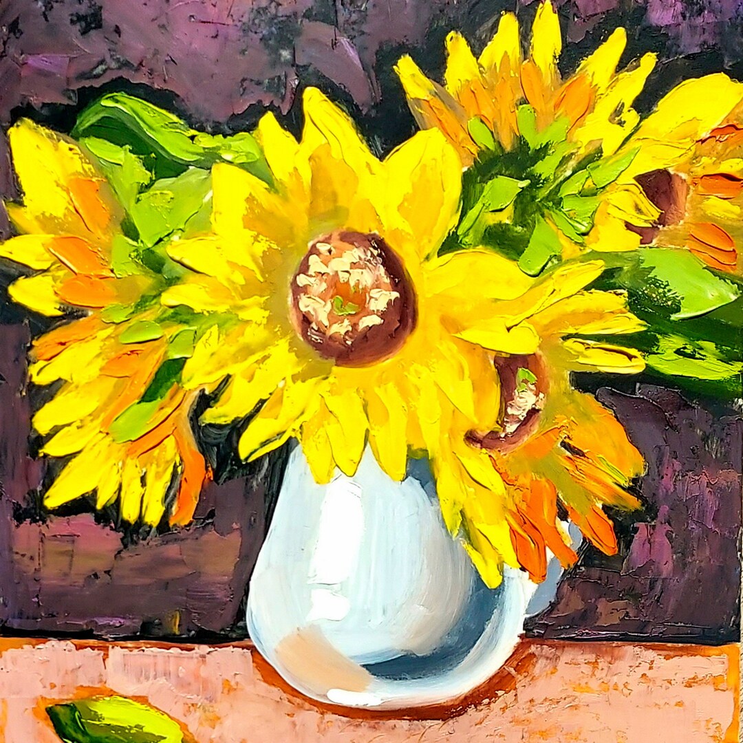 White Vase Preppy Painting Sunflowers Original Art Impasto Palette ...