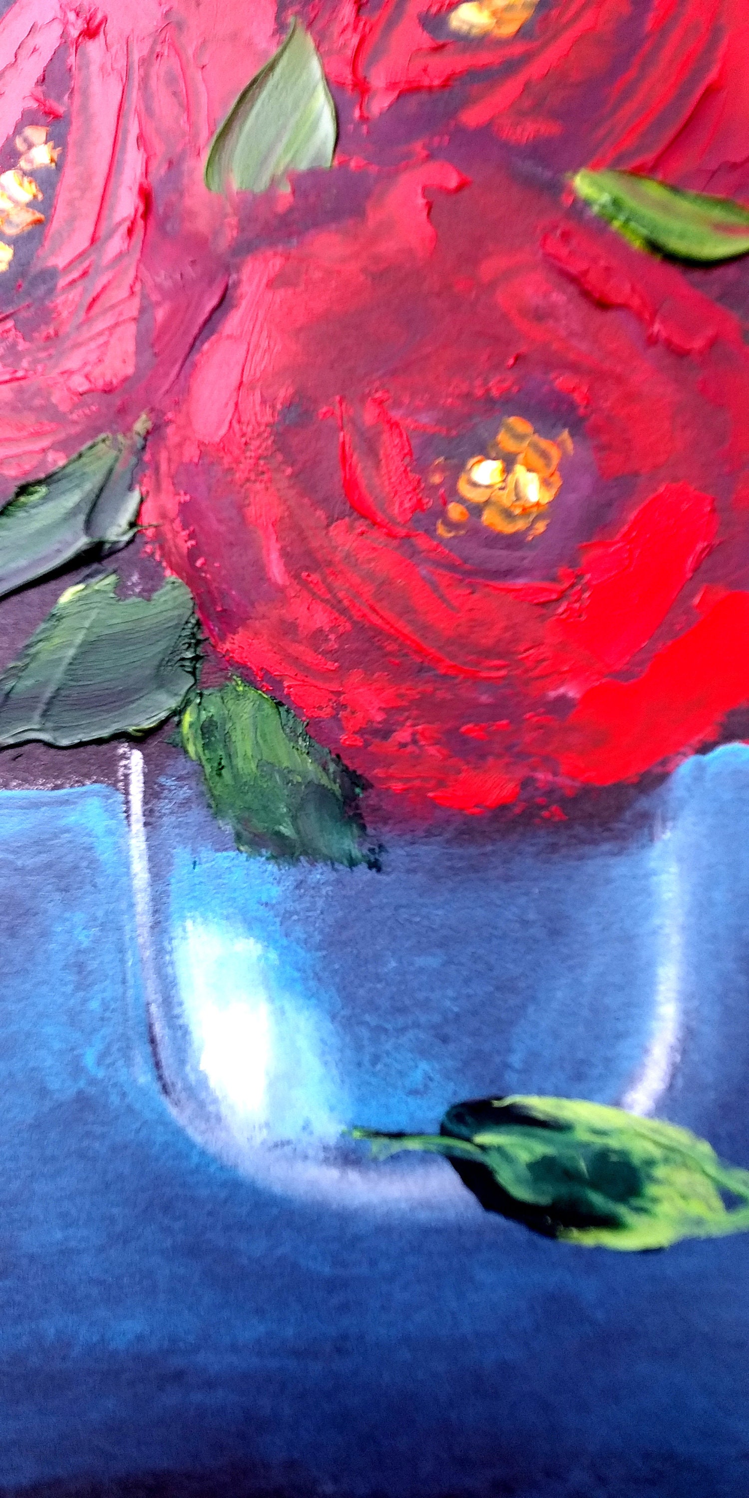 Three Red Roses Painting Vase Original Art Oil Impasto Palette Knife ...