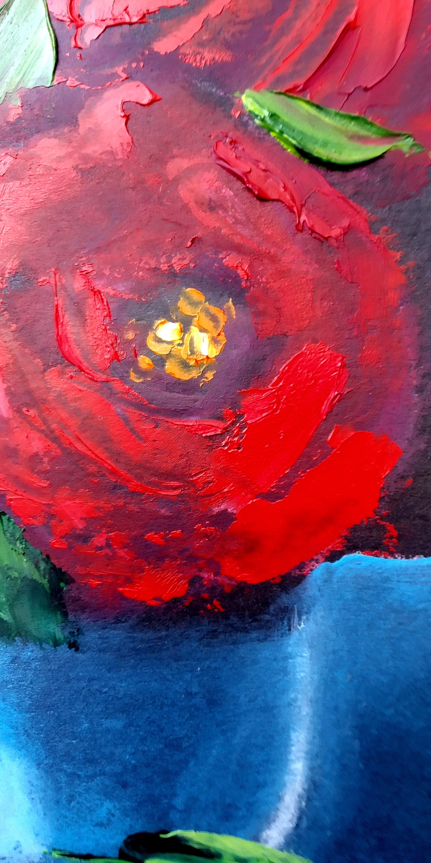 Three Red Roses Painting Vase Original Art Oil Impasto Palette Knife ...